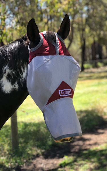 Fly Buster Long Nose Fly Mask - Burgundy – Mane Event Equestrian Supplies